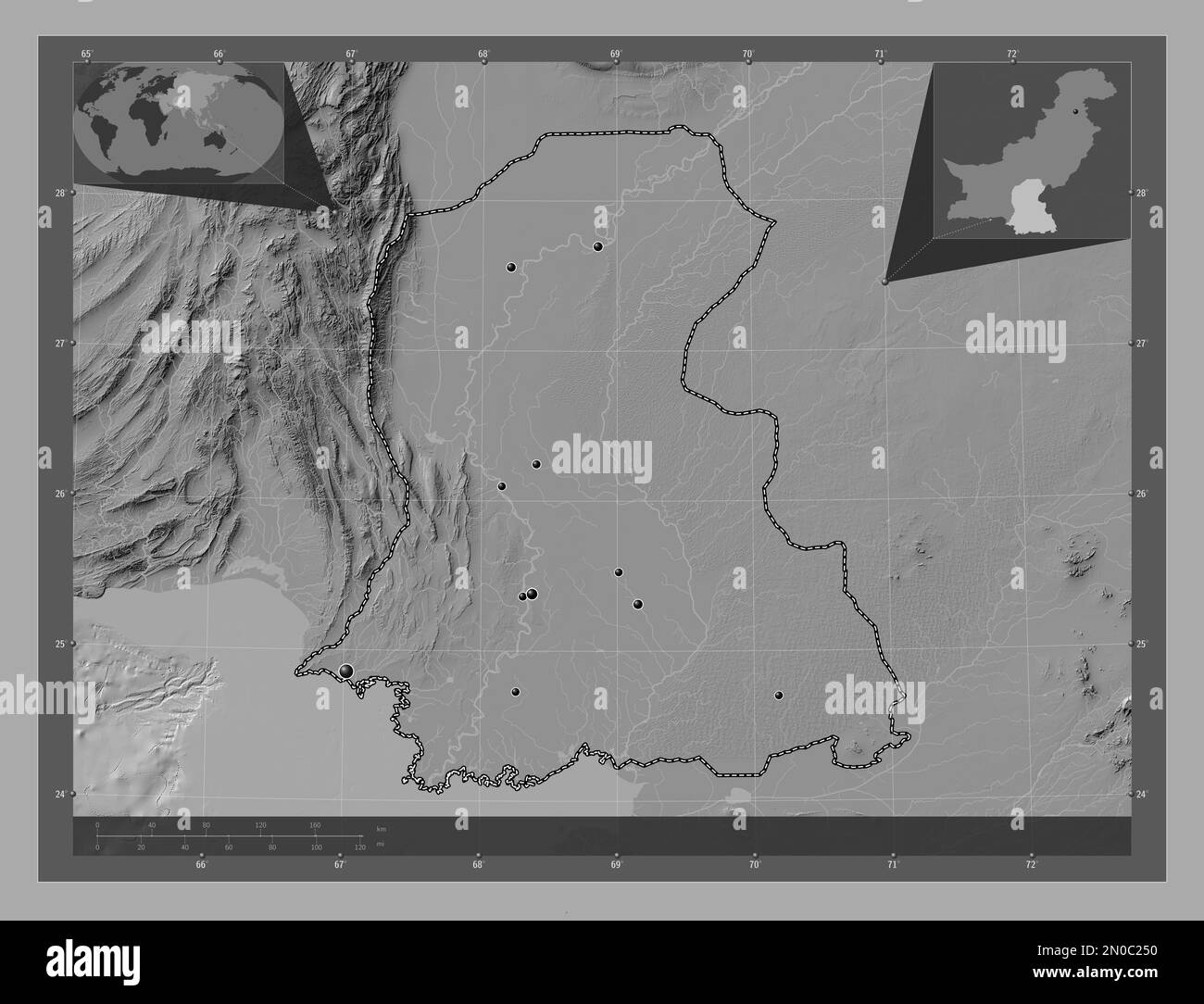 Sind, province of Pakistan. Bilevel elevation map with lakes and rivers ...