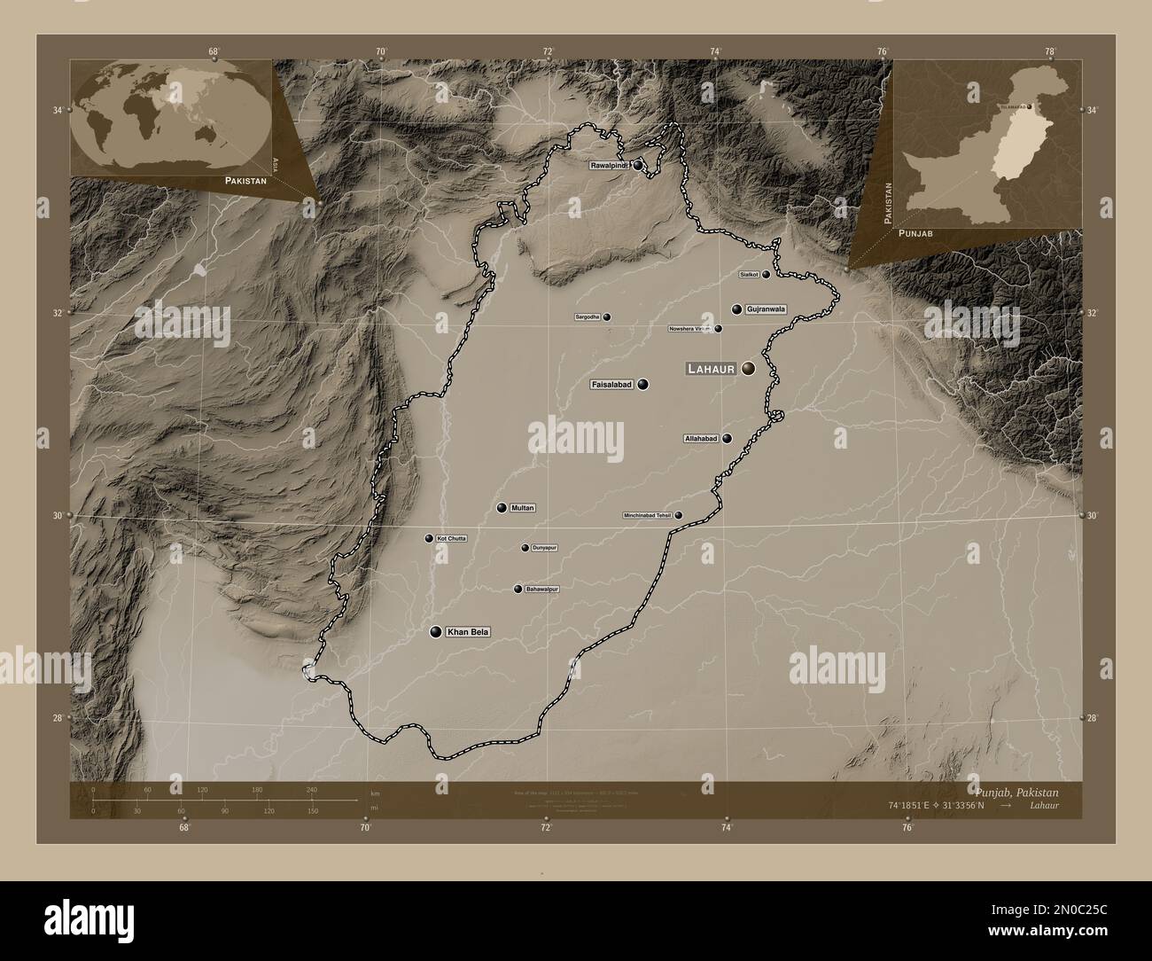 Punjab, province of Pakistan. Elevation map colored in sepia tones with ...