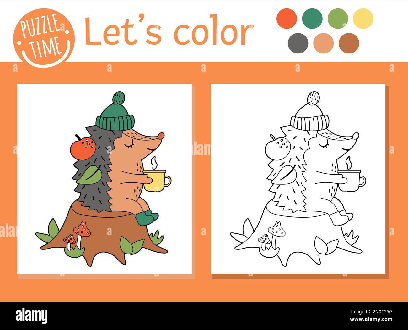 Autumn coloring page for children. Cute funny hedgehog with cup of tea ...