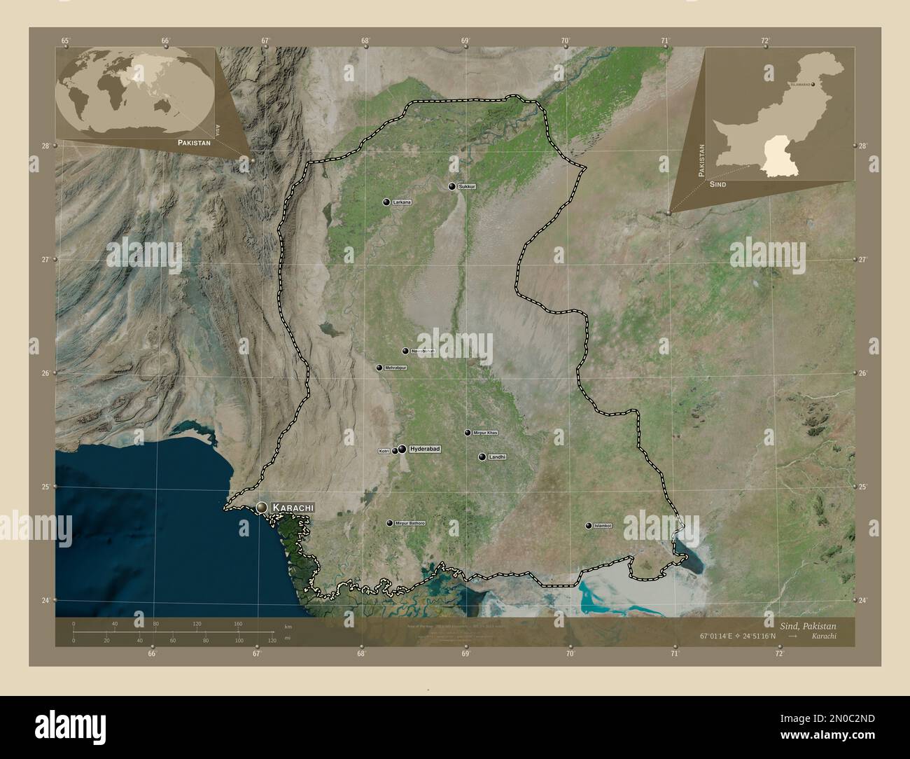Sind, province of Pakistan. High resolution satellite map. Locations ...
