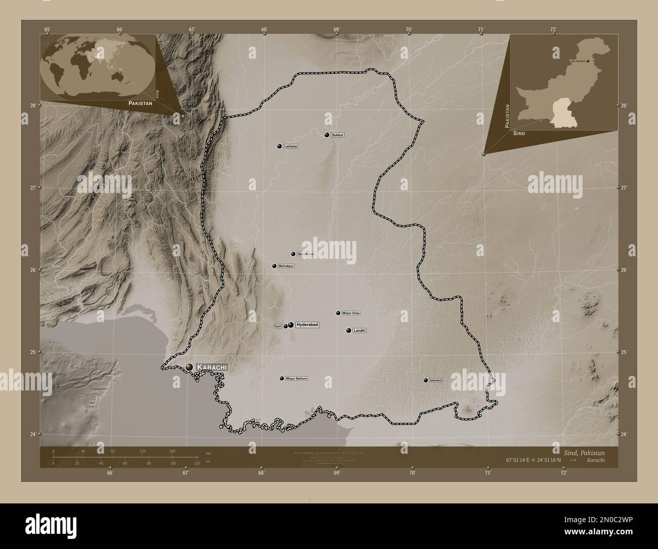 Sind, province of Pakistan. Elevation map colored in sepia tones with ...