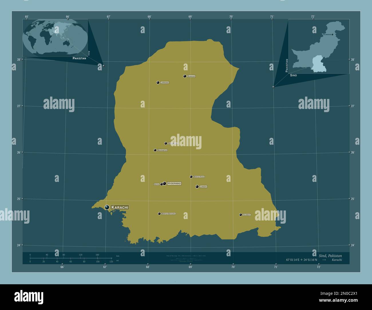 Sind, province of Pakistan. Solid color shape. Locations and names of ...