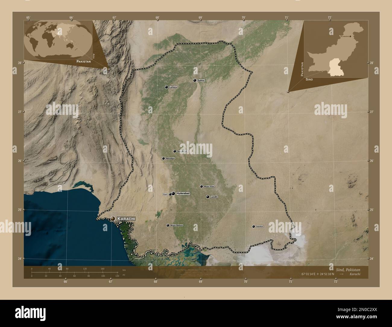 Sind, province of Pakistan. Low resolution satellite map. Locations and ...