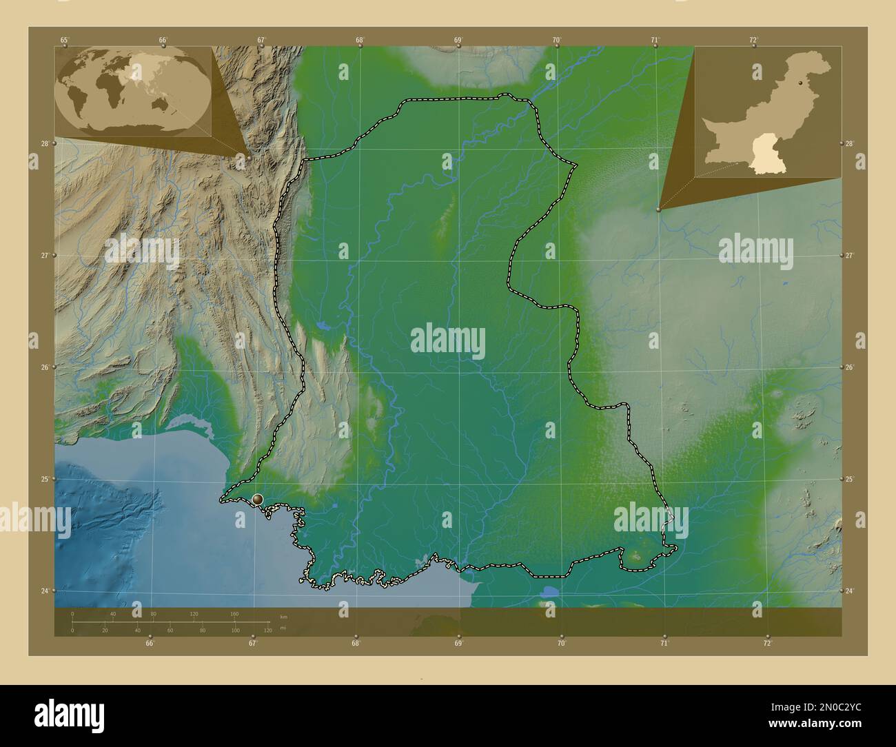 Sind, province of Pakistan. Colored elevation map with lakes and rivers ...