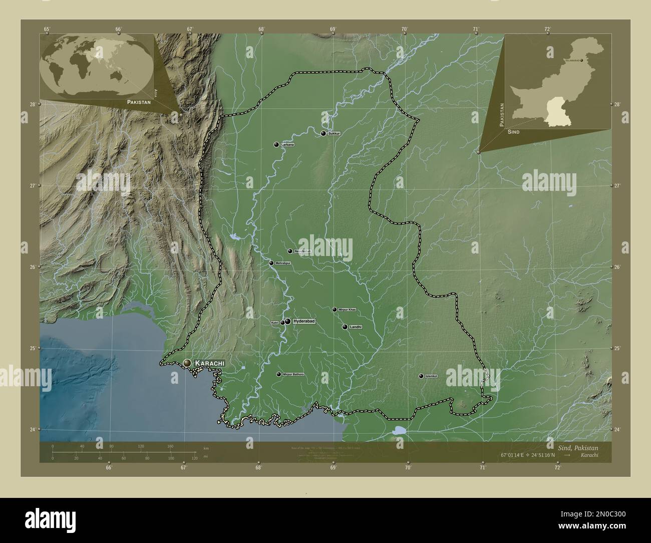 Sind, province of Pakistan. Elevation map colored in wiki style with ...