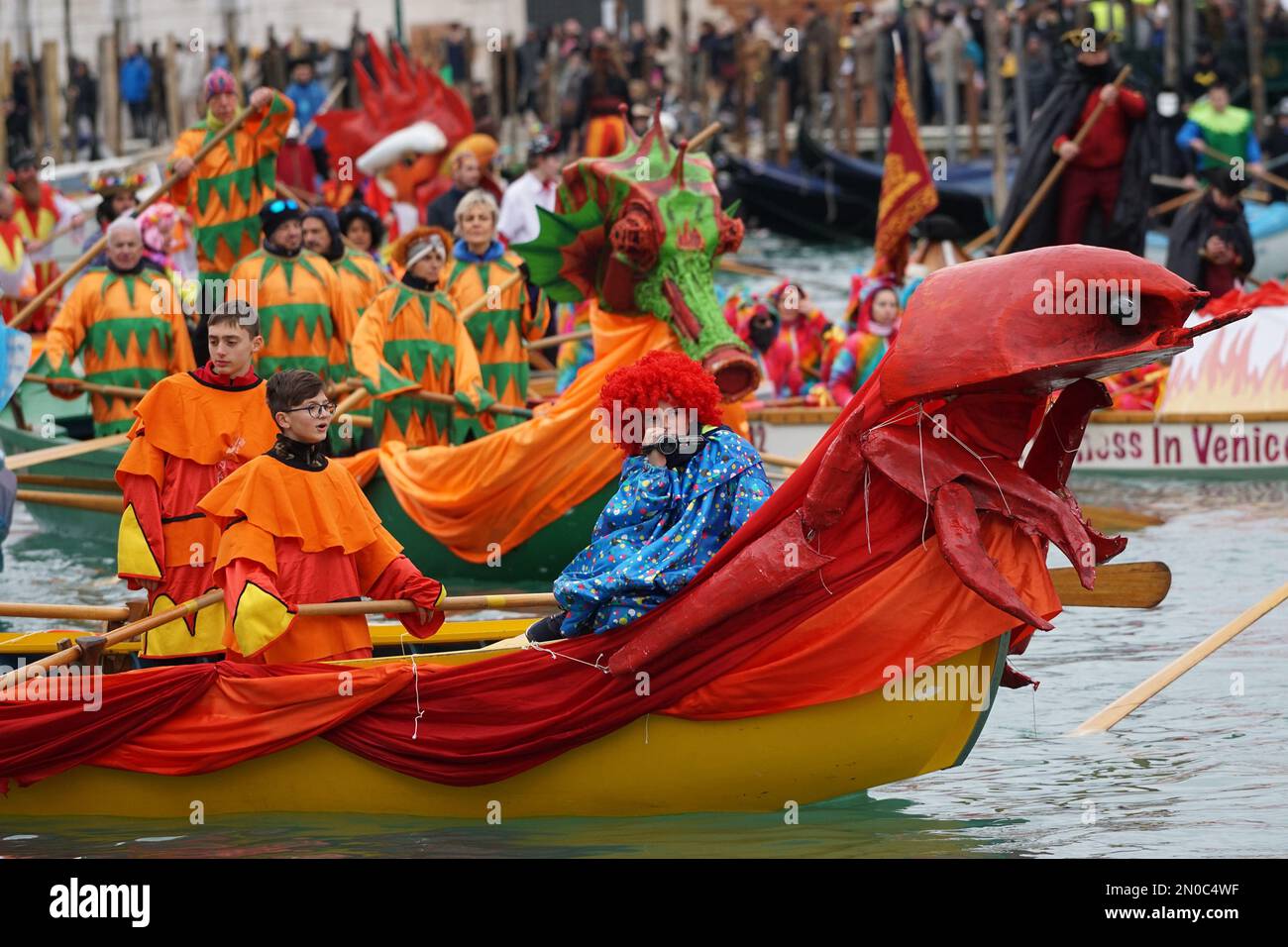 Performers wearing costumes during the “ Pantegana Regatta “ of the ...