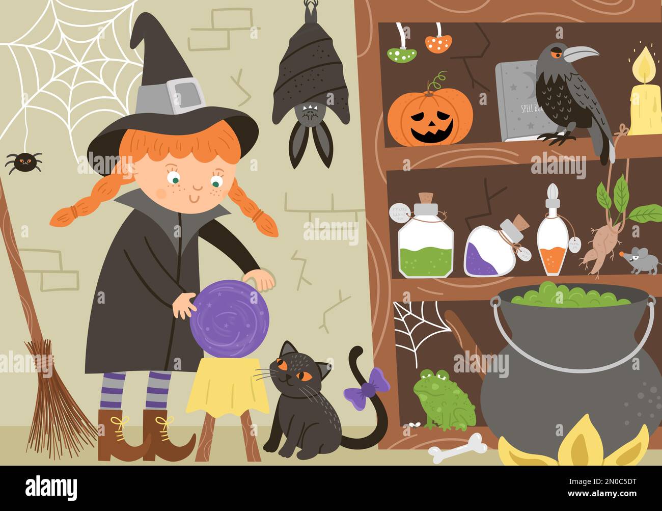 Vector witch nook interior illustration. Halloween background with ...
