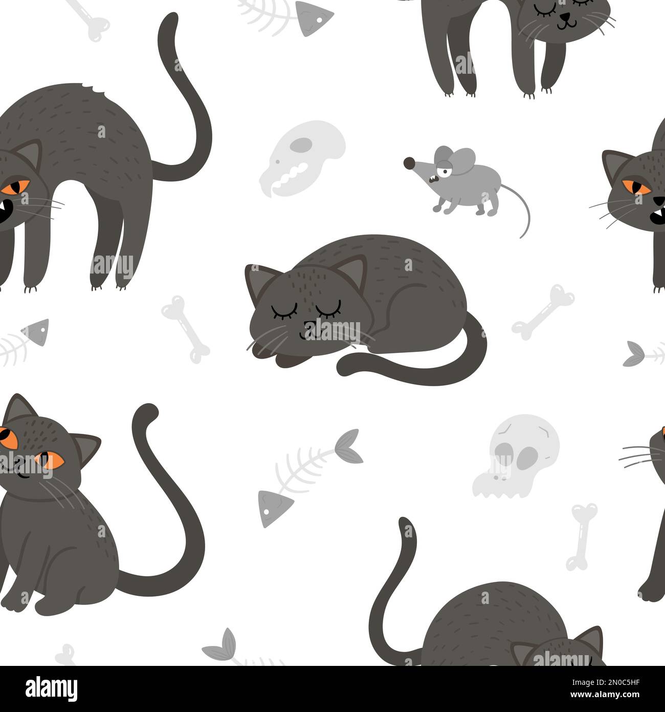 Seamless pattern with cute vector black cats and mouse. Digital paper ...