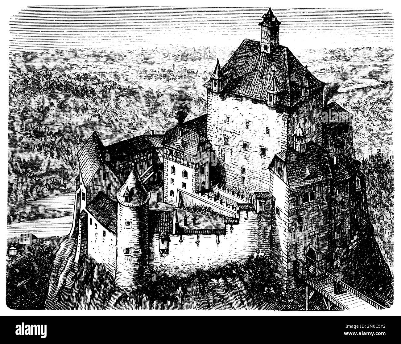 Antique 19th-century illustration of Kriebstein castle in Kriebstein ...
