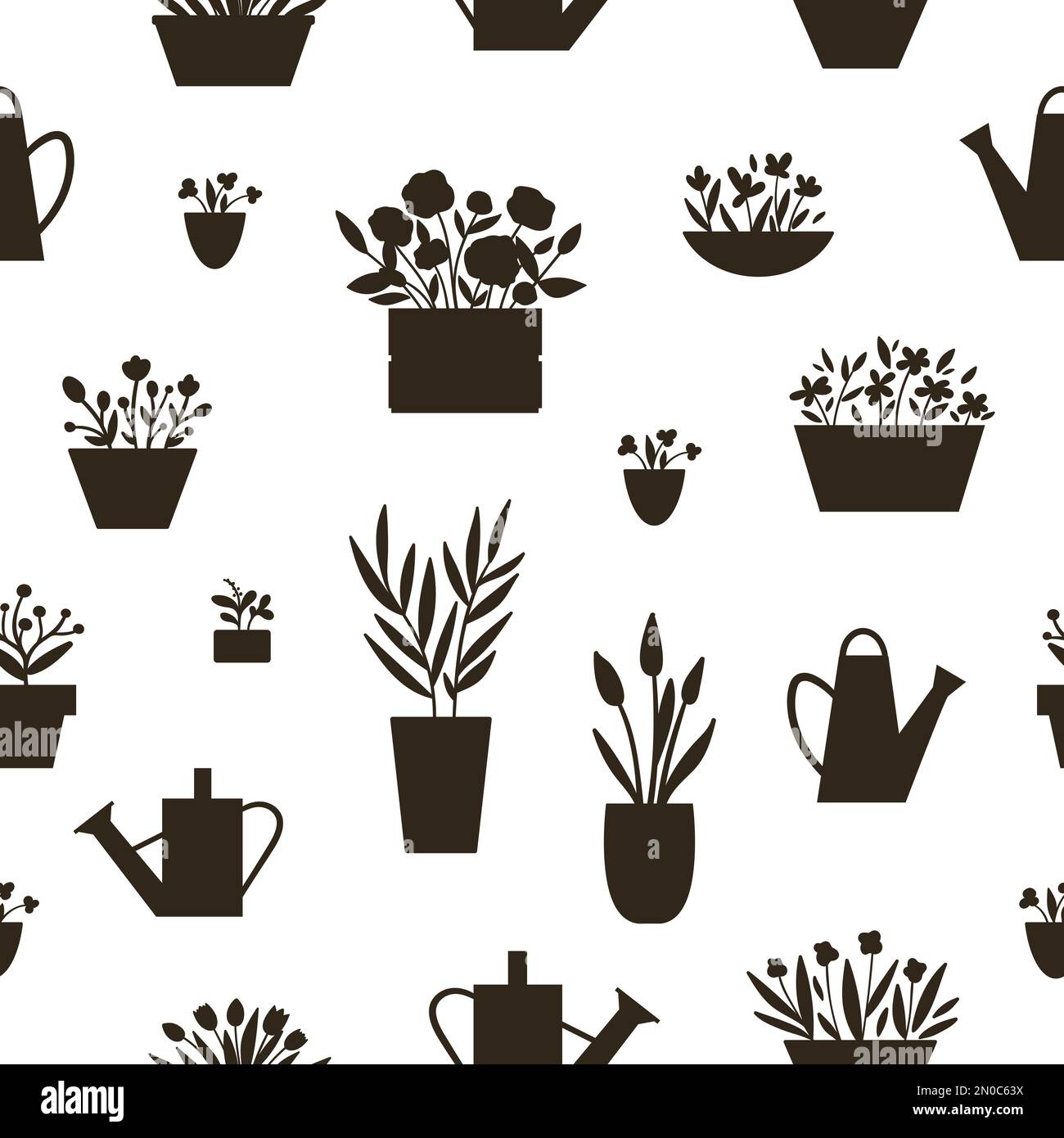 Vector seamless pattern with plants in pots and beds with watering cans ...