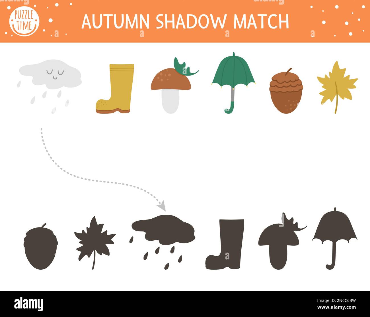 Autumn shadow matching activity for children. Fall season puzzle with ...