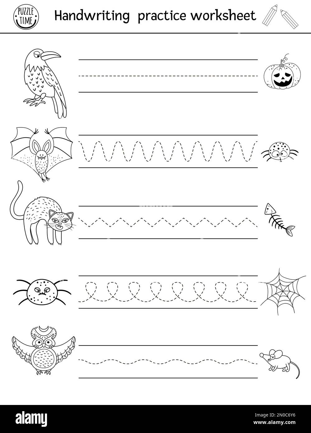 Vector Halloween handwriting practice worksheet. Printable black and ...