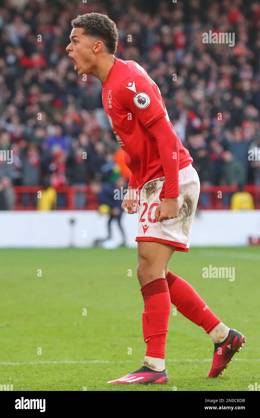 Brennan Johnson #20 of Nottingham Forest celebrates his teams win after ...