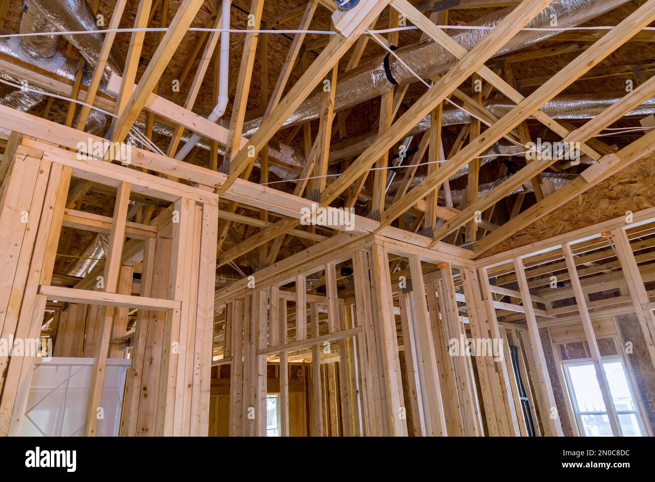 Framing beams, wood sticks all communication lines must be installed ...