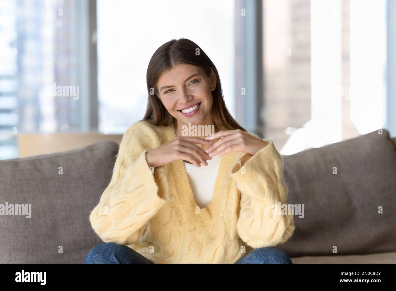 Happy pretty blogger, influencer girl video call head shot portrait ...