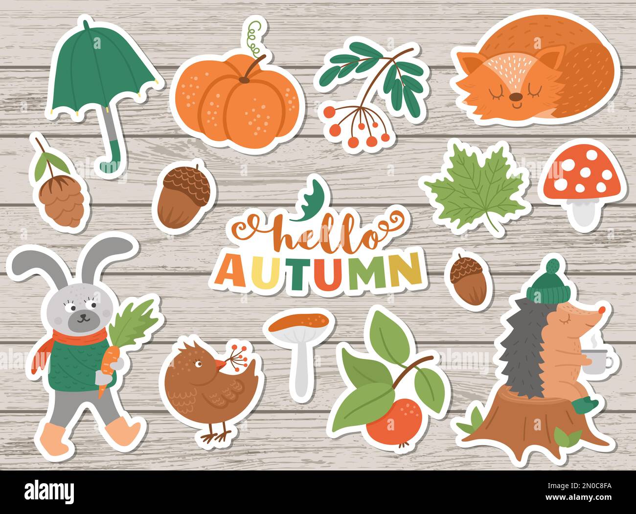 Vector autumn sticker pack. Cute fall season icons set for prints ...