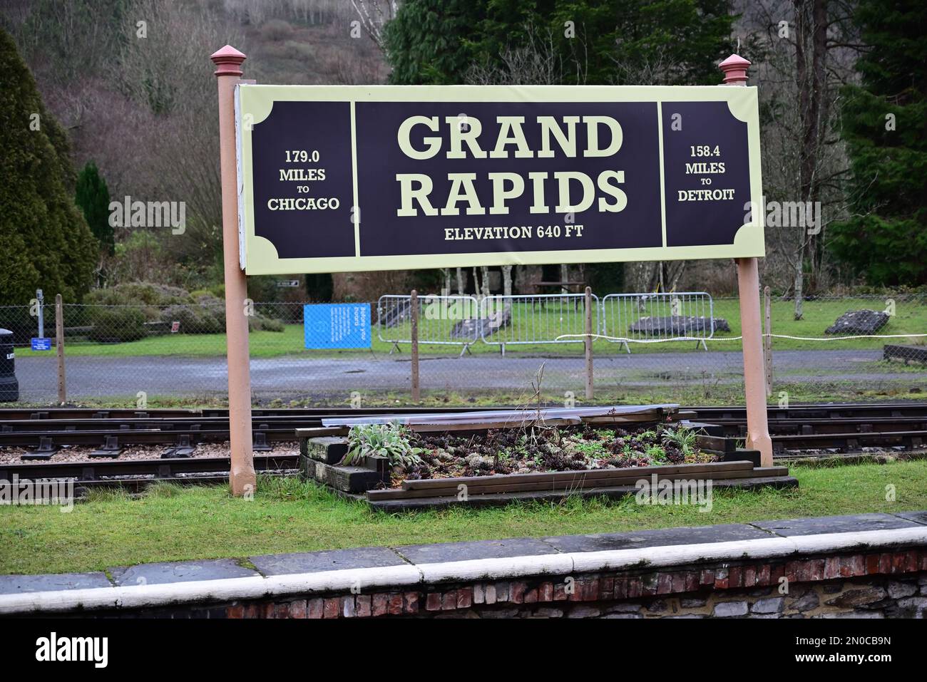 Grand Rapids nameboard at Buckfastleigh station on the South Devon ...