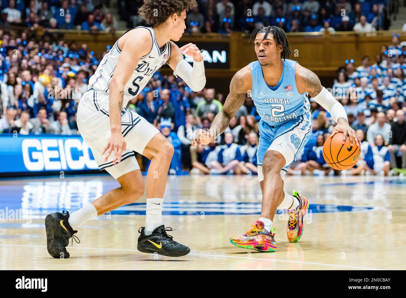 Duke guard Tyrese Proctor (5) guards North Carolina guard Caleb Love (2 ...