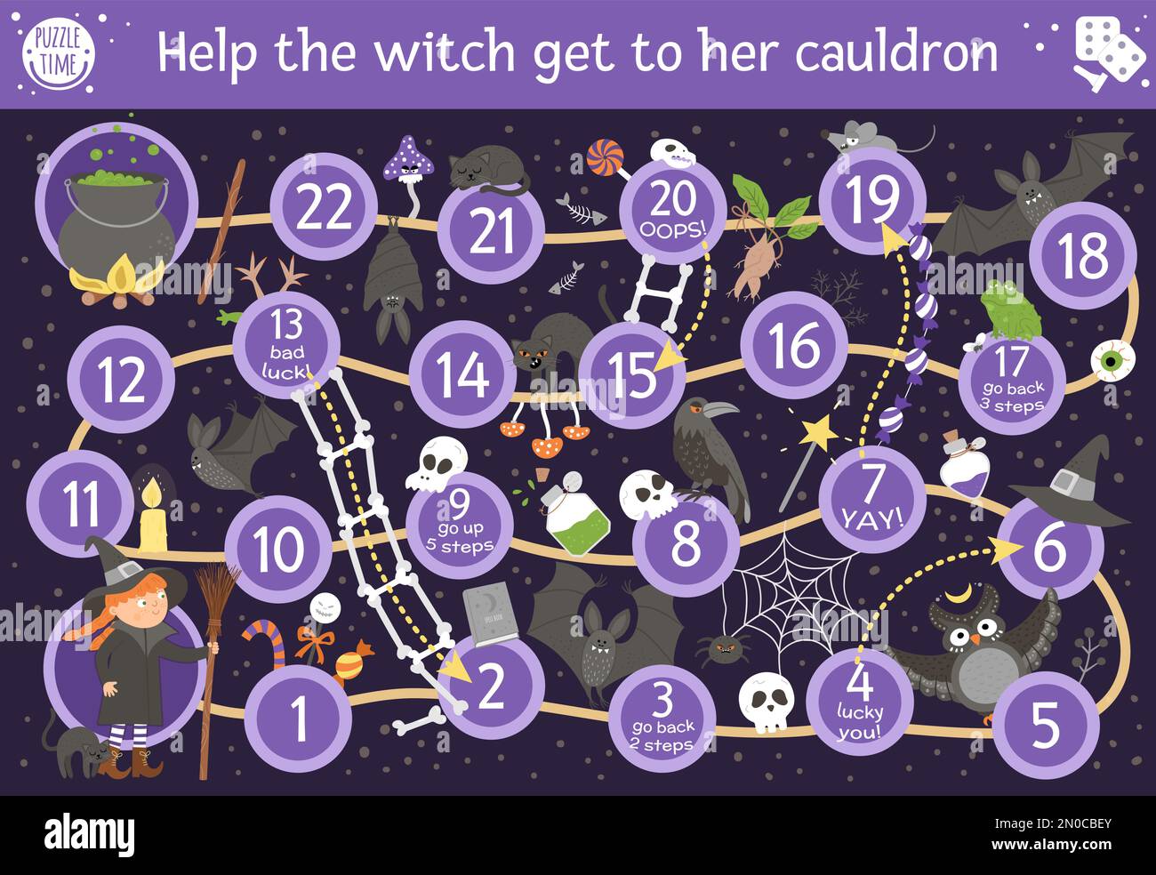 Halloween board game for children with cute witch and scary animals ...