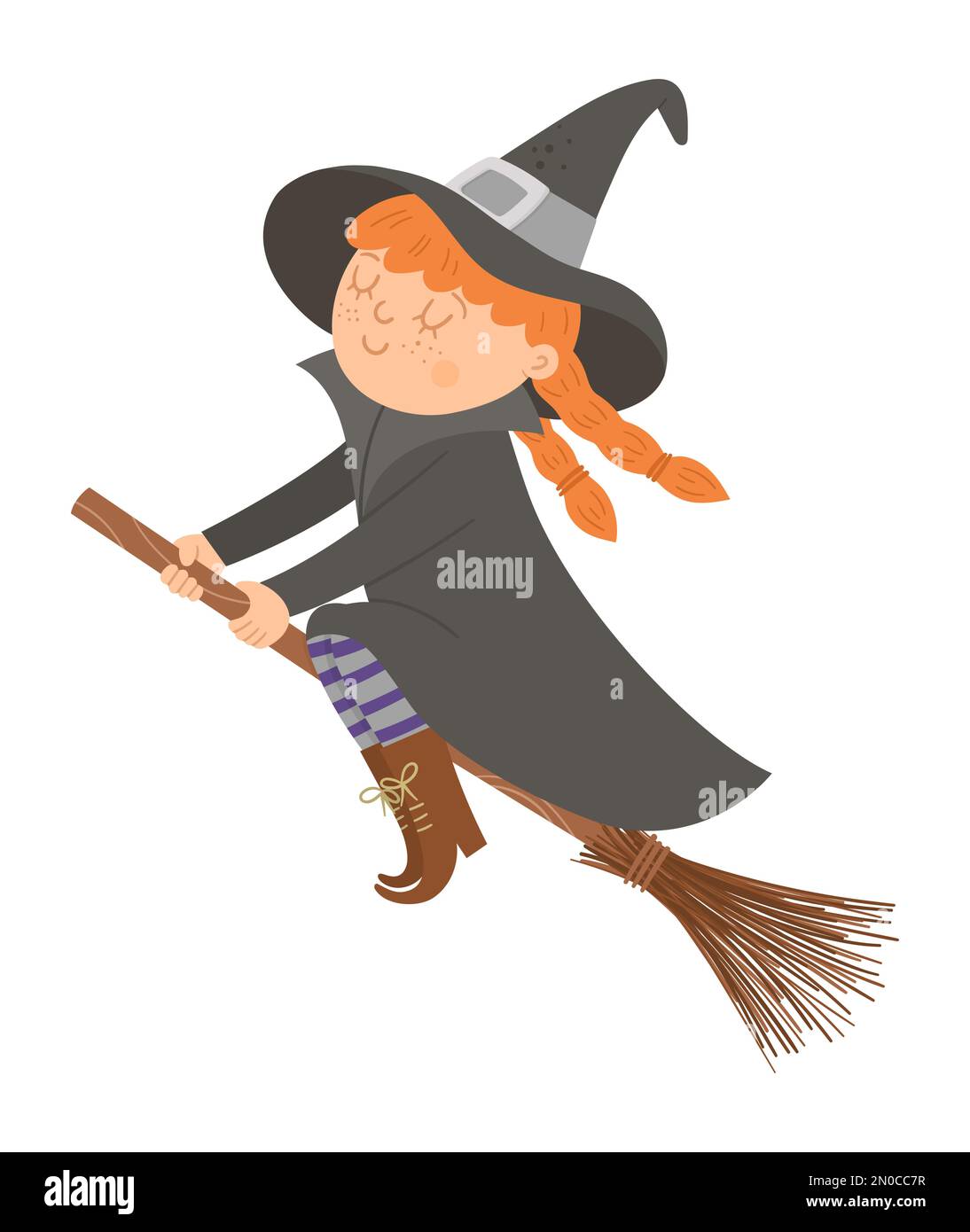 Cute vector witch on the broom. Halloween character icon. Funny autumn ...