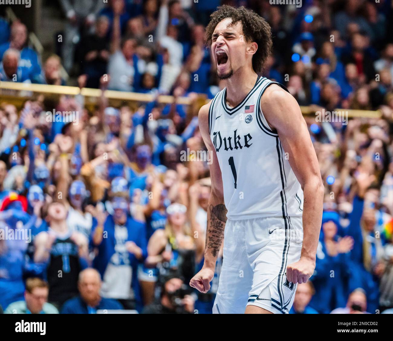 Duke center Dereck Lively II (1) reacts during an NCAA college ...