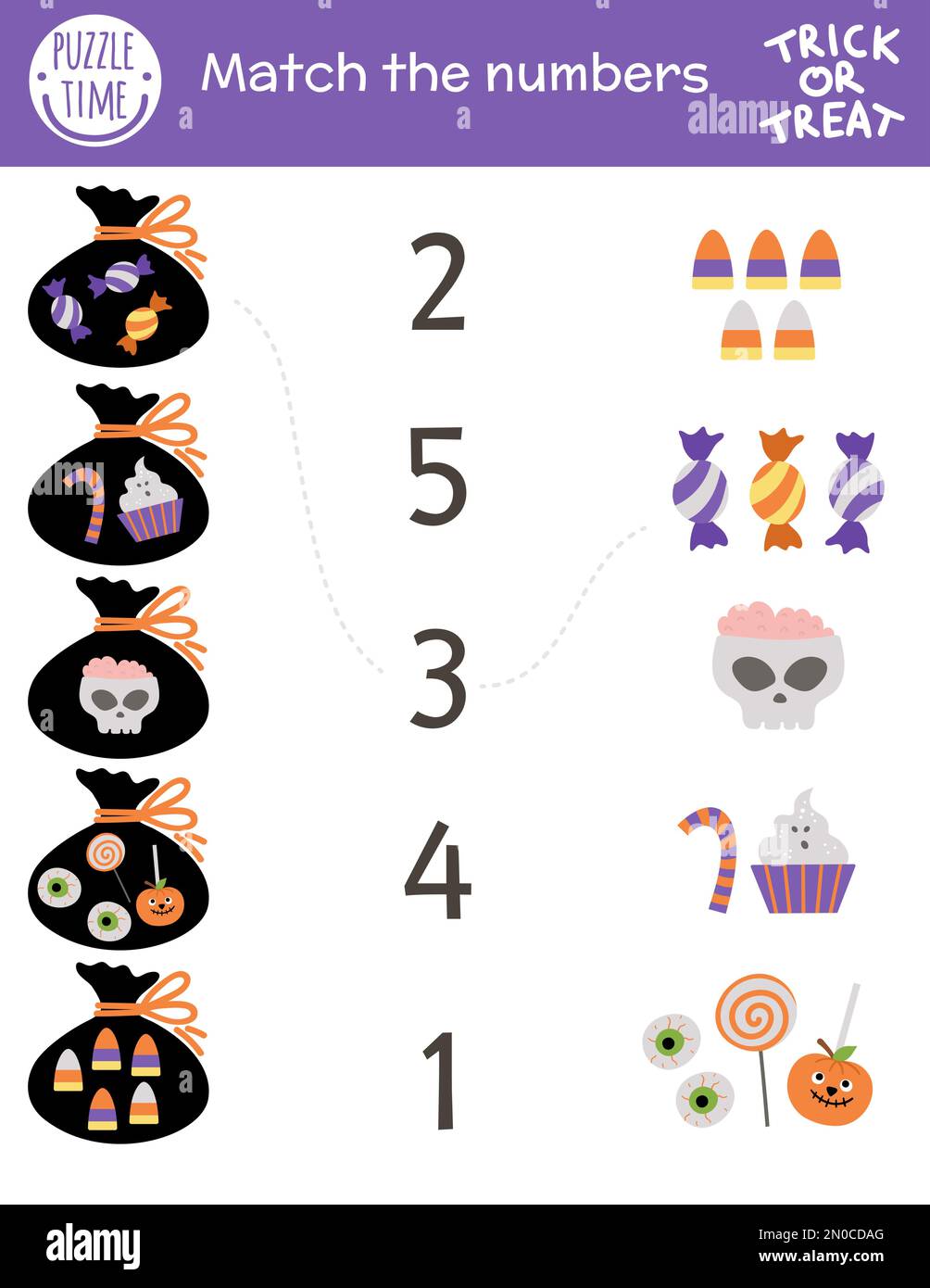 Halloween matching game with trick or treat sweets and sack. Autumn ...