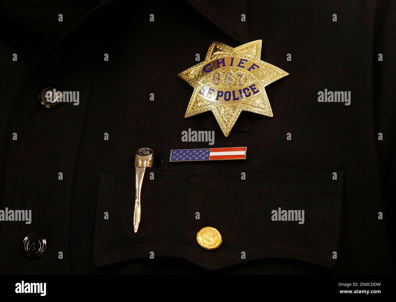 In this Jan. 14, 2016 photo, the badge of San Francisco Police Chief ...