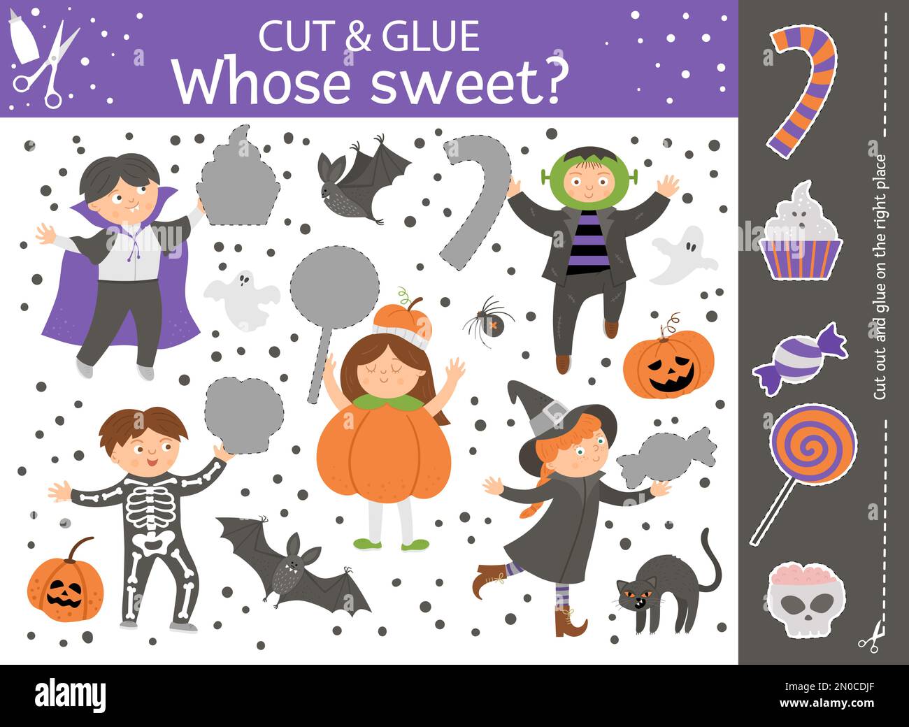 Vector Halloween cut and glue activity. Autumn educational crafting ...