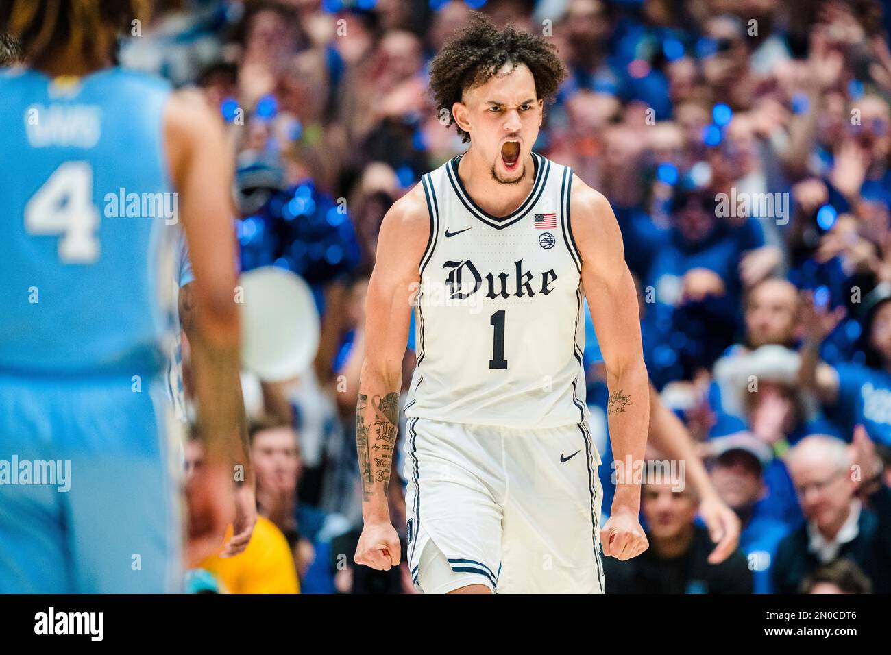 Duke center Dereck Lively II (1) reacts during an NCAA college ...