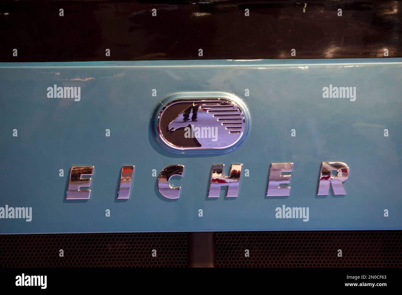 Eicher brand logo is seen on a vehicle at the Auto Expo in Greater ...