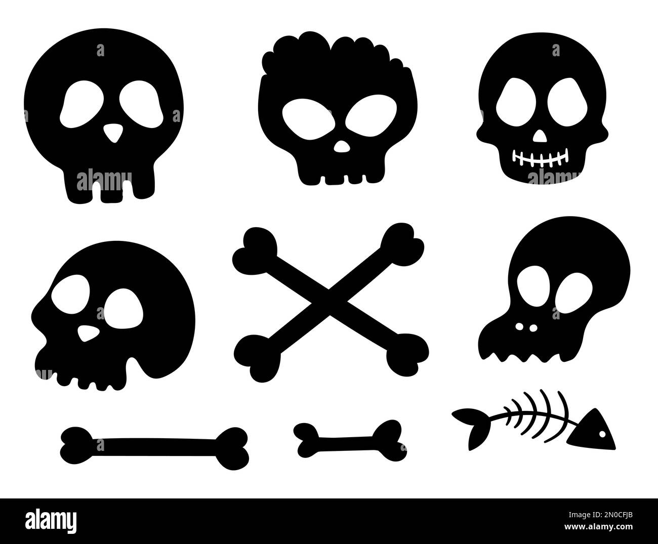 Set of vector black and white skulls and bones. Halloween party human ...