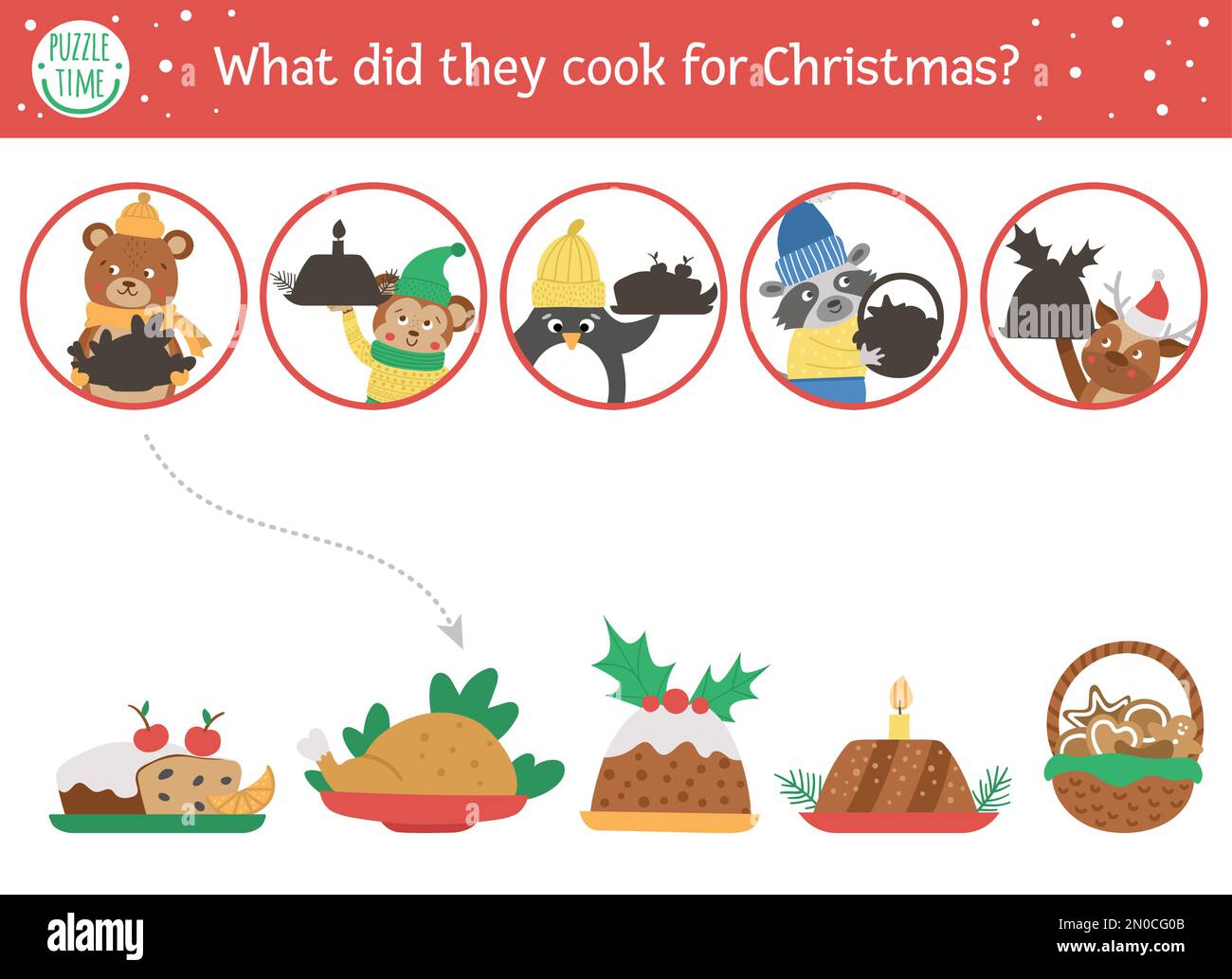 Christmas shadow matching activity for children. Winter puzzle with ...