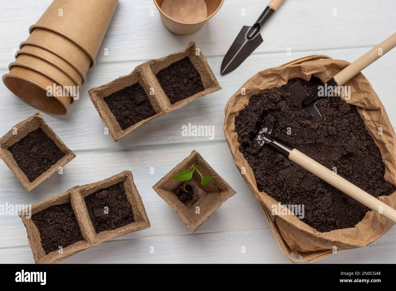 Garden tool in a paper bag with soil. Peat and paper pots with soil ...