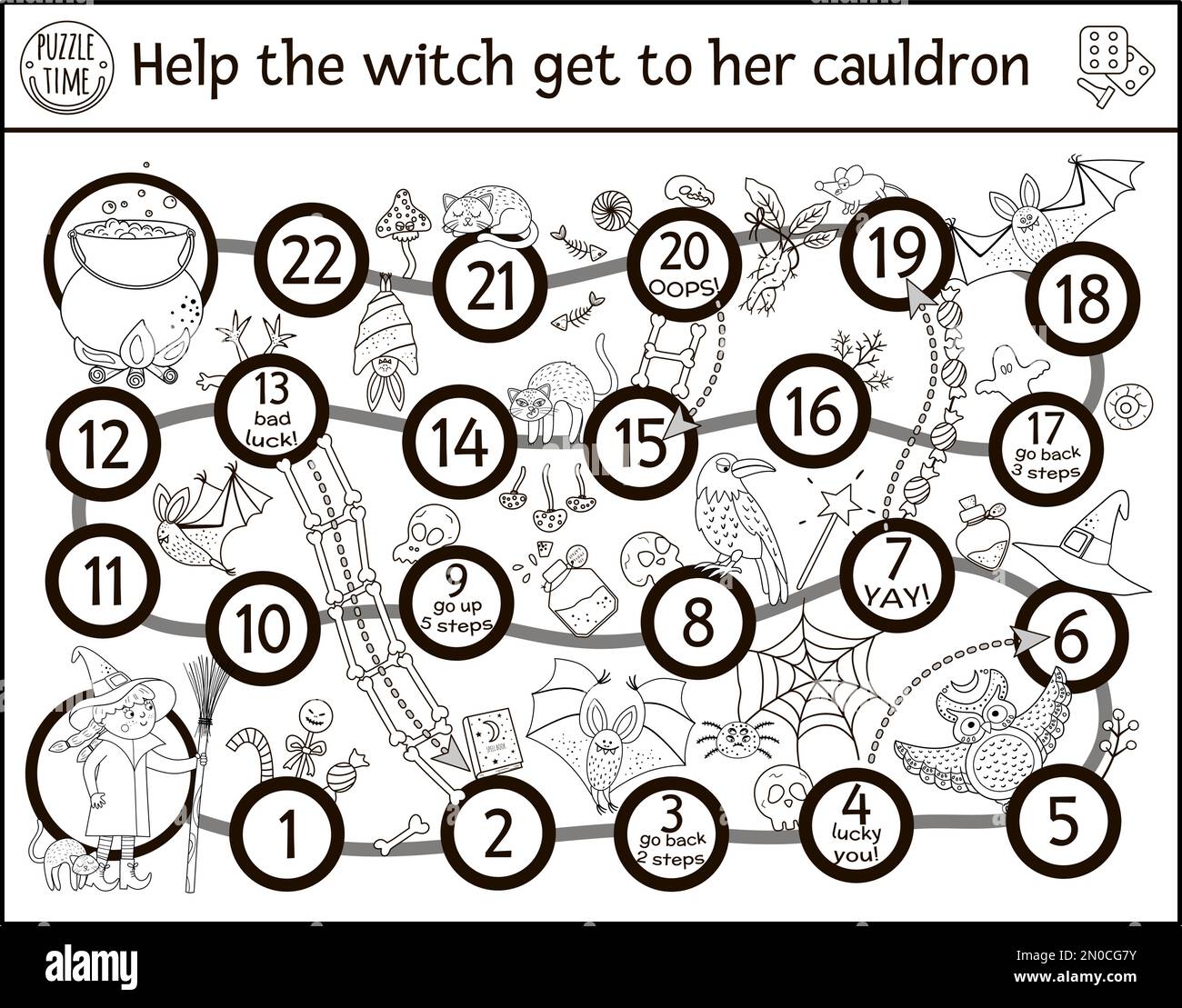 Halloween black and white board game for children with cute witch and ...