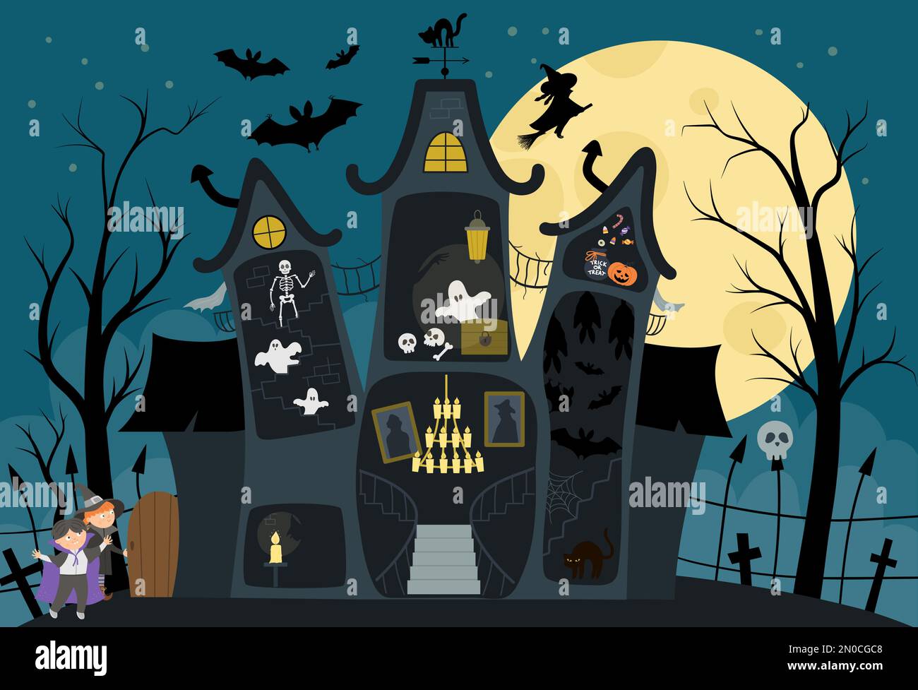 Vector haunted house interior illustration. Halloween background ...