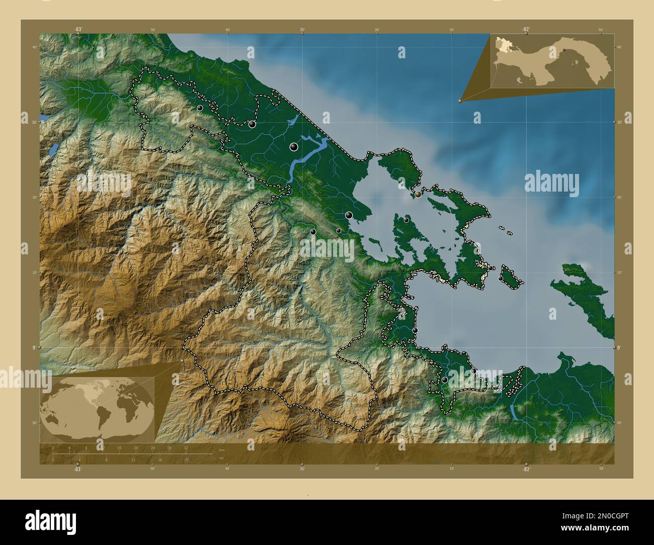 Bocas del Toro, province of Panama. Colored elevation map with lakes ...