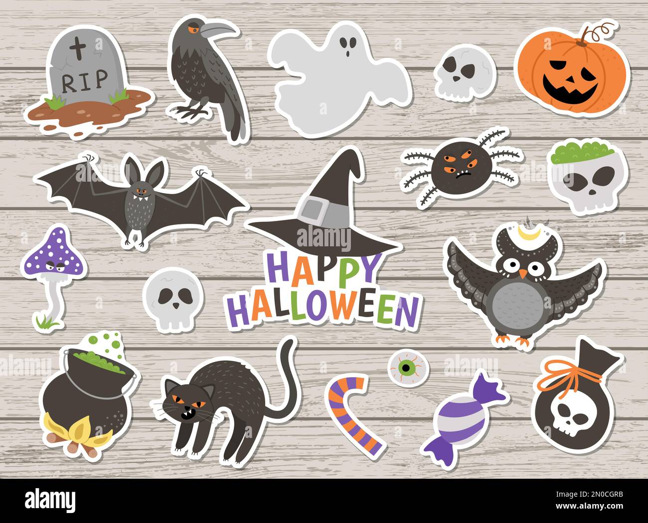 Big pack of vector Halloween stickers on wooden background. Traditional ...