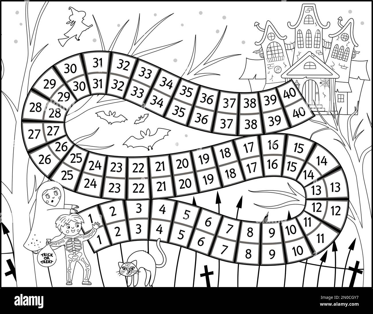 Halloween black and white board game for children with spooky castle ...