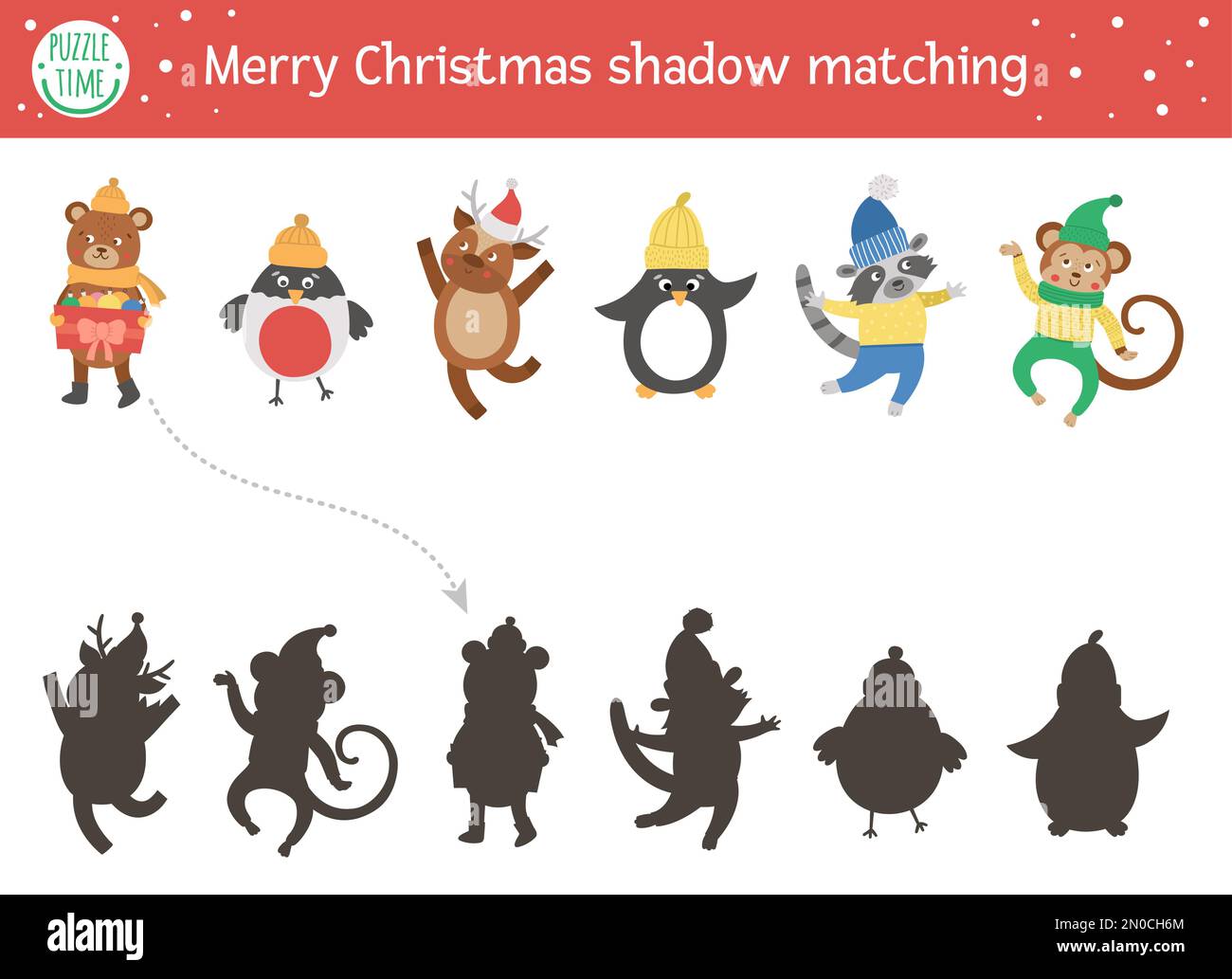 Christmas shadow matching activity for children. Winter puzzle with ...