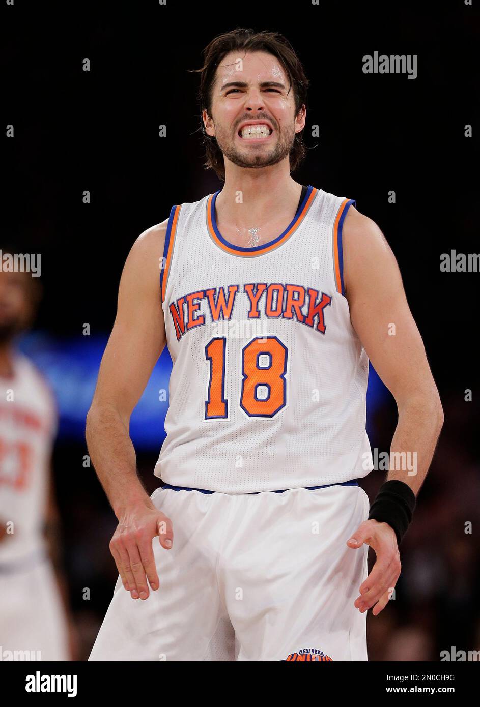 New York Knicks guard Sasha Vujacic (18) reacts after missing a 3-point ...