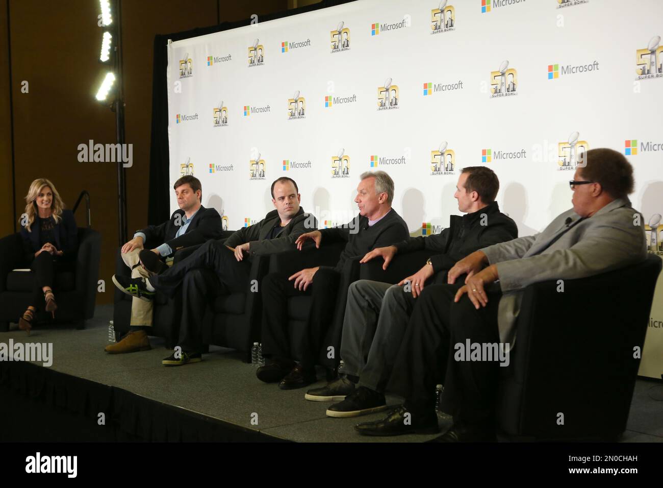 Moderator Erin Andrews is seen along with the panel of guests, from (L ...