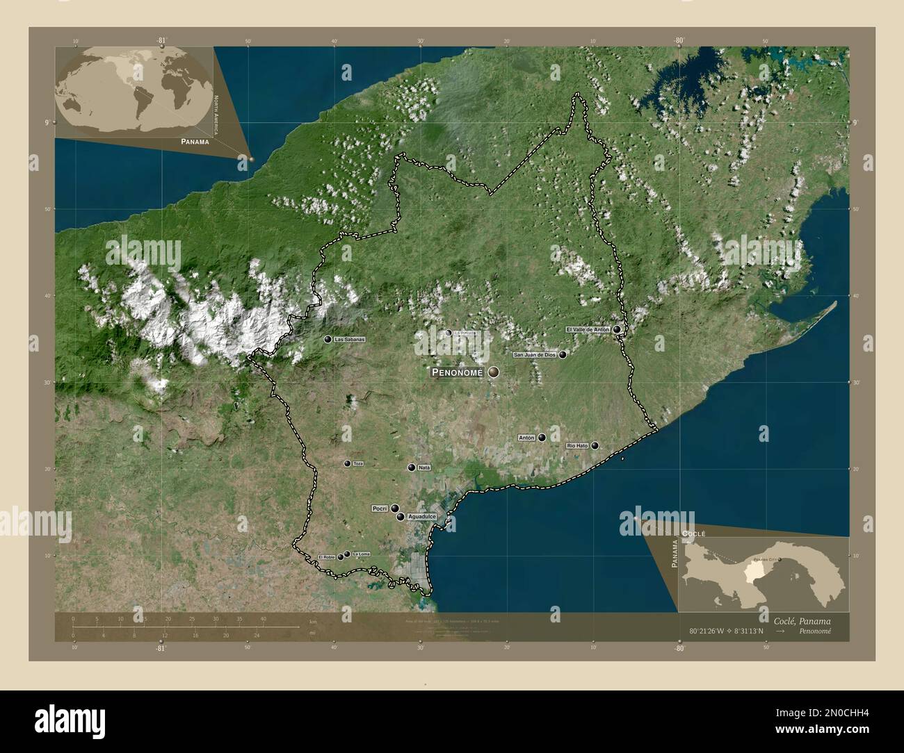 Cocle, province of Panama. High resolution satellite map. Locations and ...