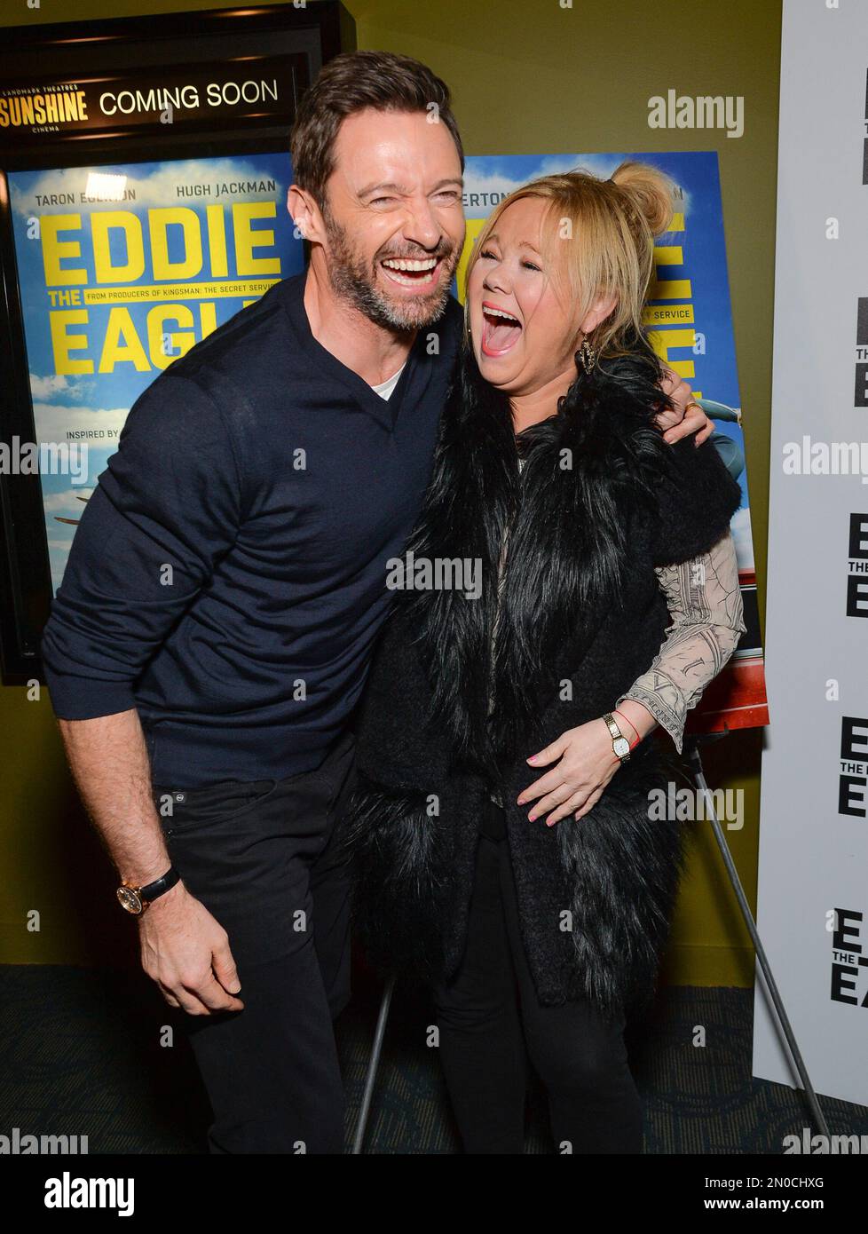 Actor Hugh Jackman, left, shares a laugh with actress Caroline Rhea at ...