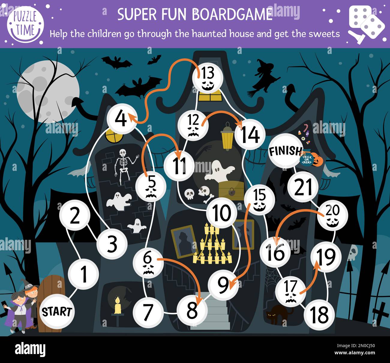 Halloween board game for children with haunted house and cute children ...