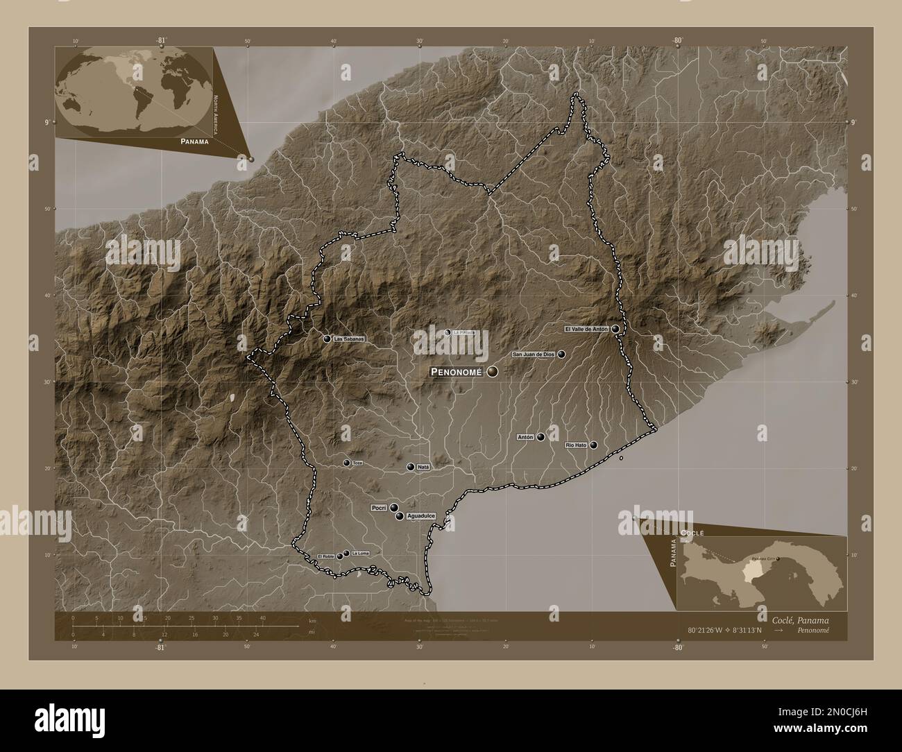 Cocle, province of Panama. Elevation map colored in sepia tones with ...