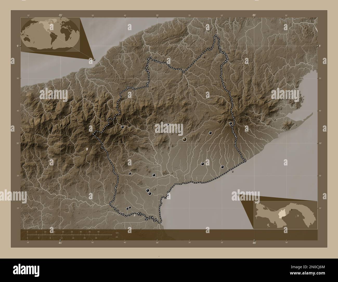 Cocle, province of Panama. Elevation map colored in sepia tones with ...