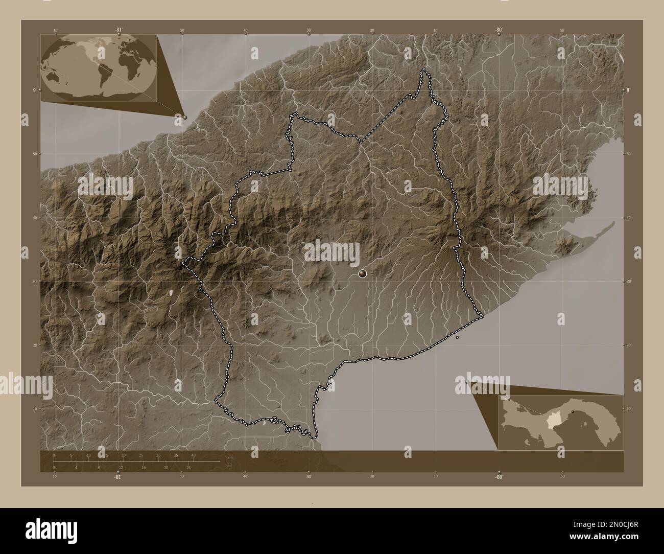 Cocle, province of Panama. Elevation map colored in sepia tones with ...