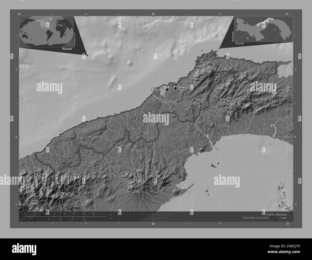 Colon, province of Panama. Bilevel elevation map with lakes and rivers ...