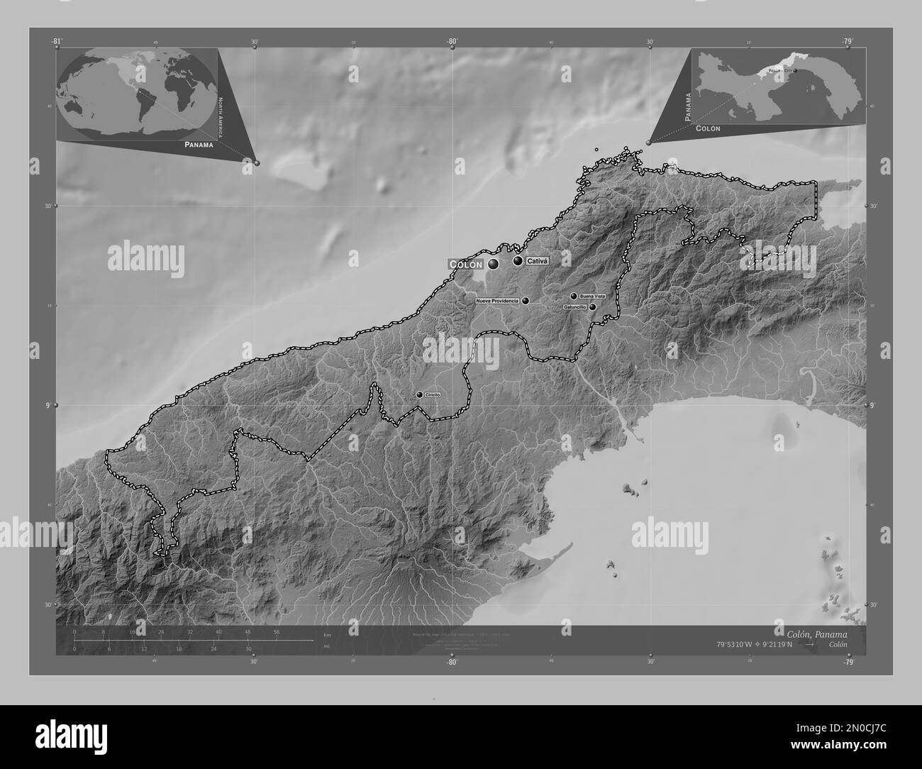 Colon, province of Panama. Grayscale elevation map with lakes and ...