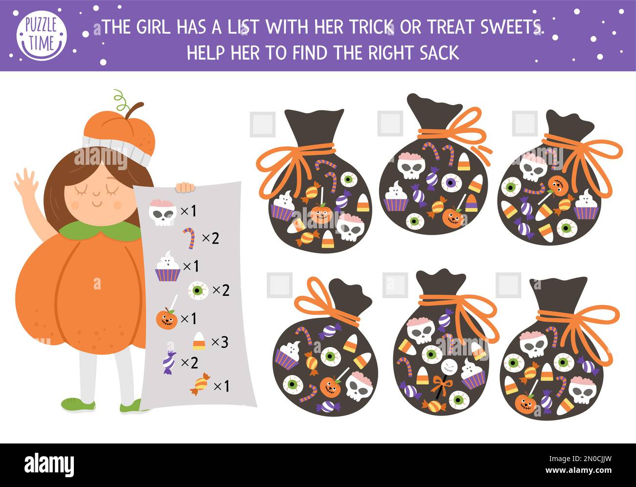 Halloween matching game with trick or treat sweets and sacks. Autumn ...
